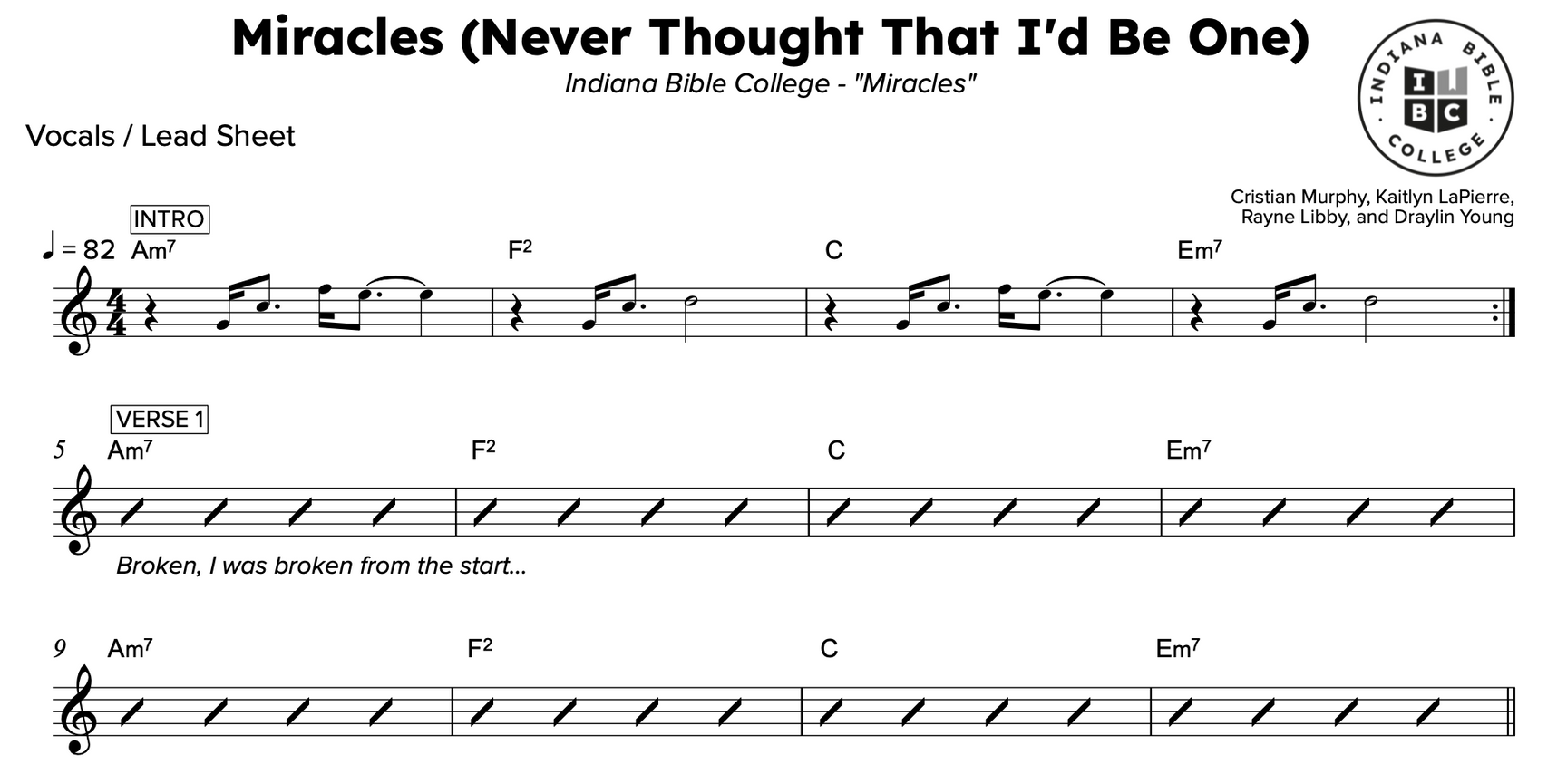 Miracles (Single) - Chord Chart / Lead Sheet - Miracles - Indiana Bible ...